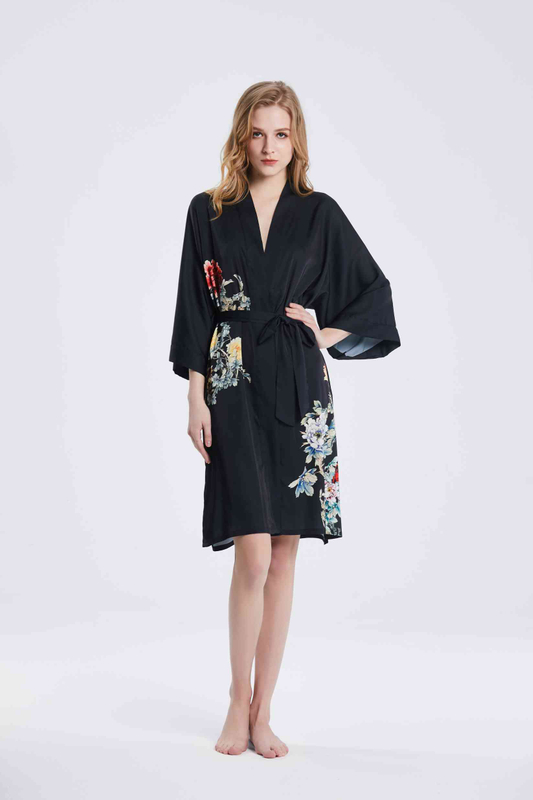 Womens Short Luxury Silk Black Japanese Kimono Robe Nightgown with ...